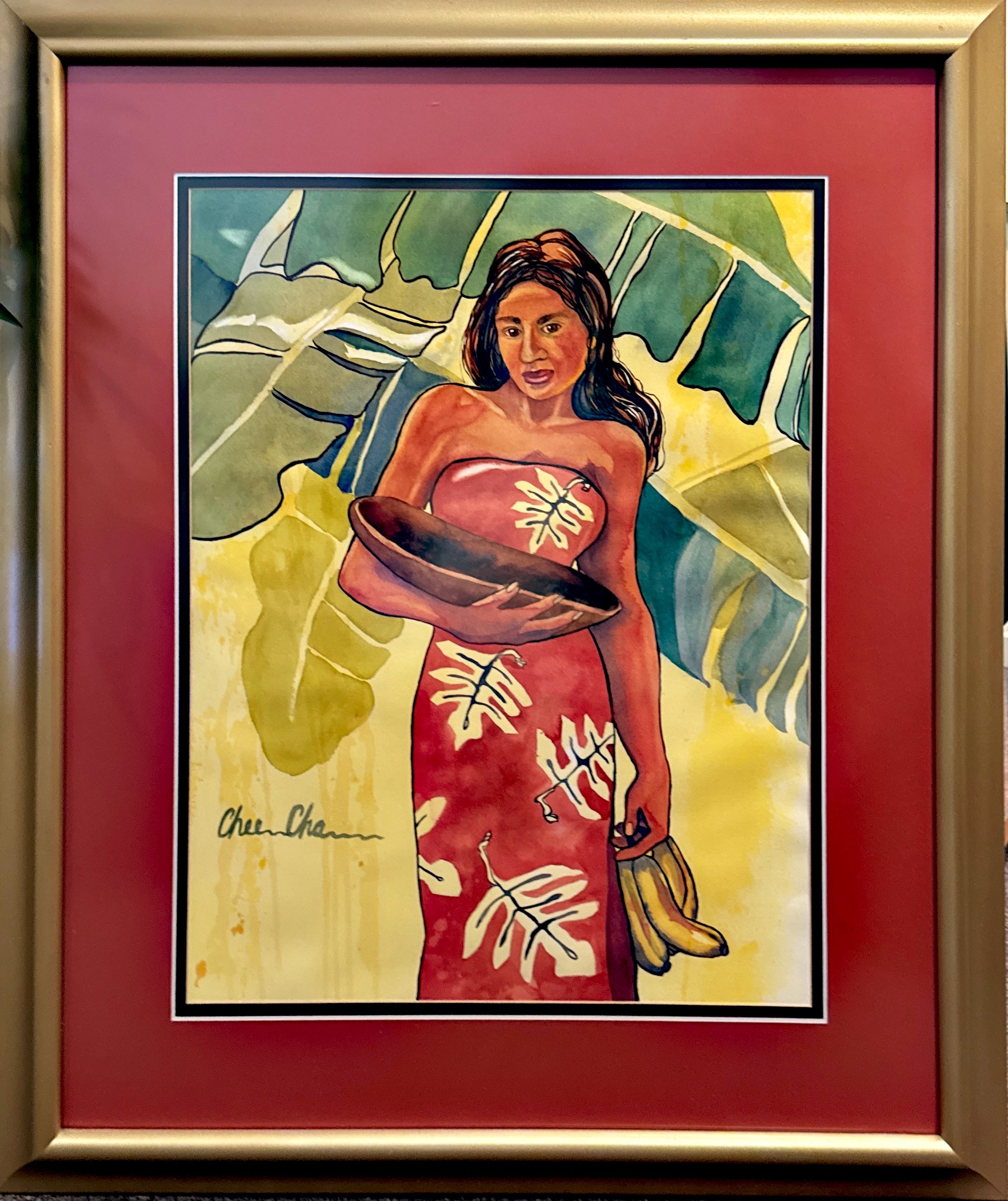 "Wahine e Mai'a" framed watercolor - CheeCha – Cunningham Gallery